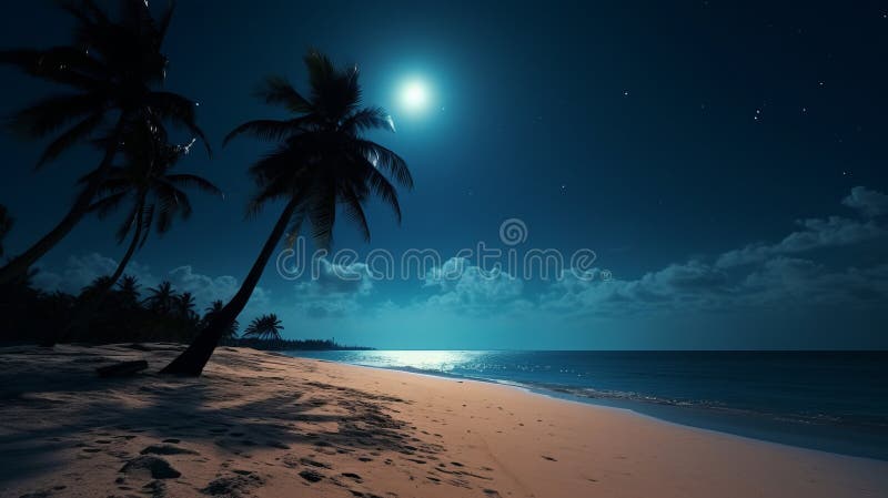 A Beach at Night with a Full Moon and Palm Trees Stock Illustration ...