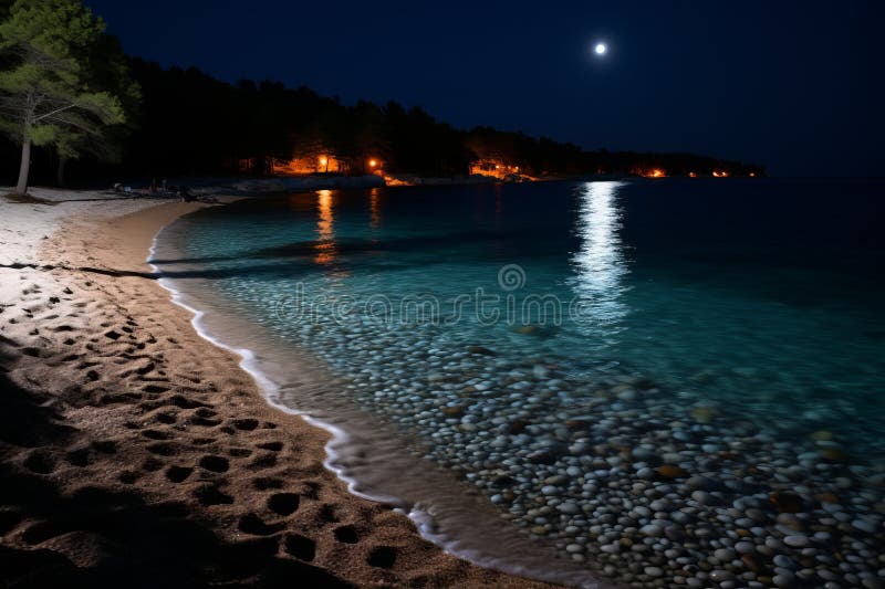 A Beach at Night with a Full Moon Shining Over it Stock Illustration ...