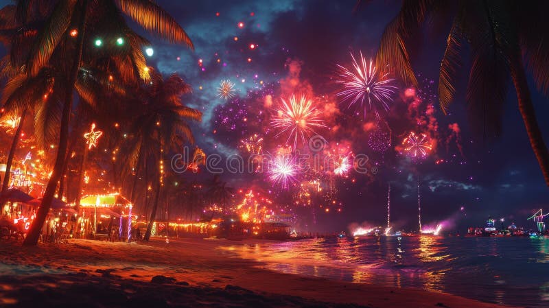 Beach at Night with Palm Trees and Fireworks Stock Image - Image of ...