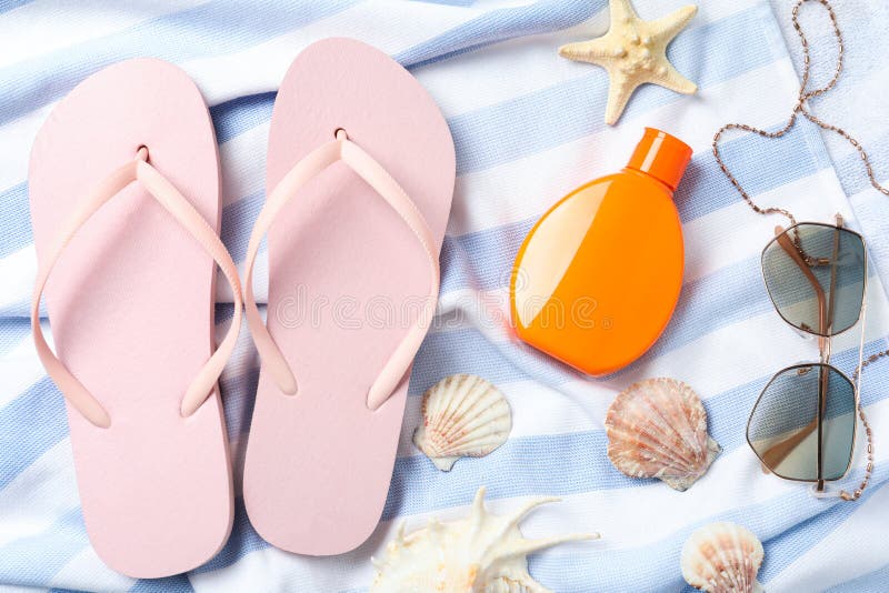 Beach Objects on Blanket As Background, Flat Lay Stock Image - Image of ...