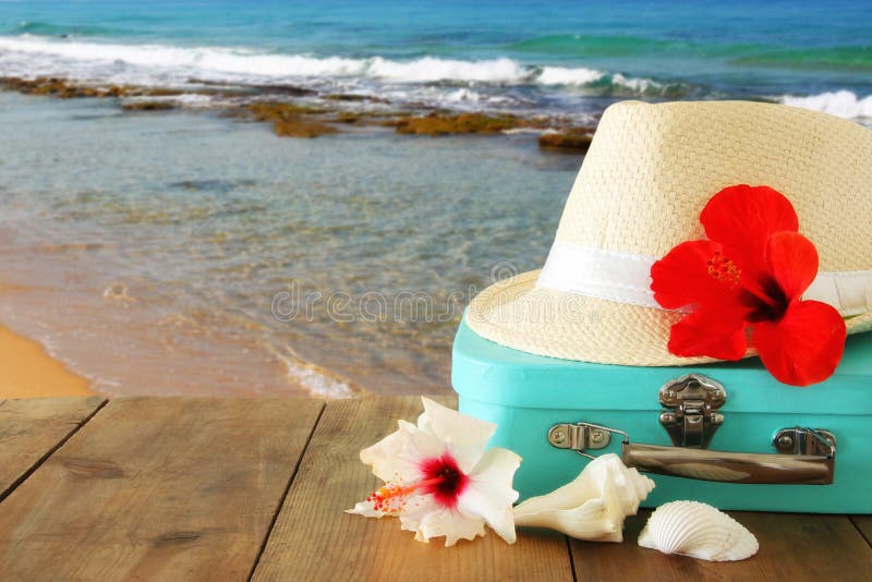 Beach Objects on Wooden Table. Summer Beach Vacation Concept Stock ...