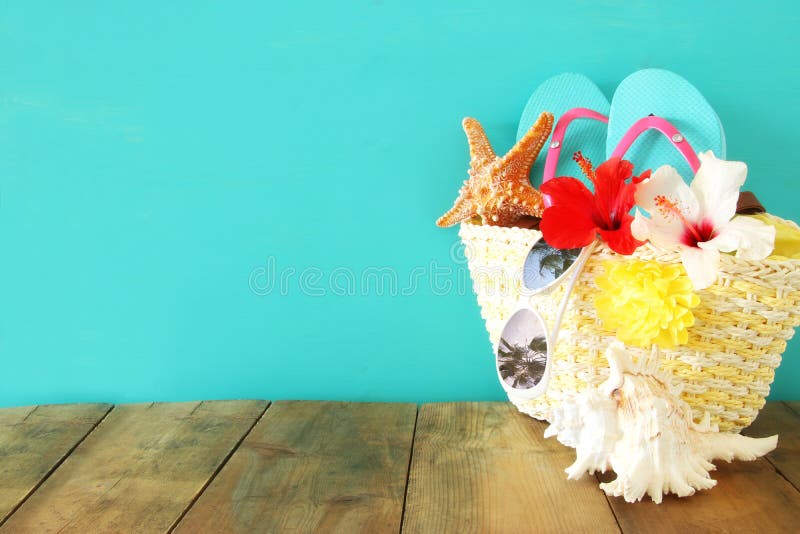 Beach Objects on Wooden Table. Summer Beach Vacation Concept Stock ...