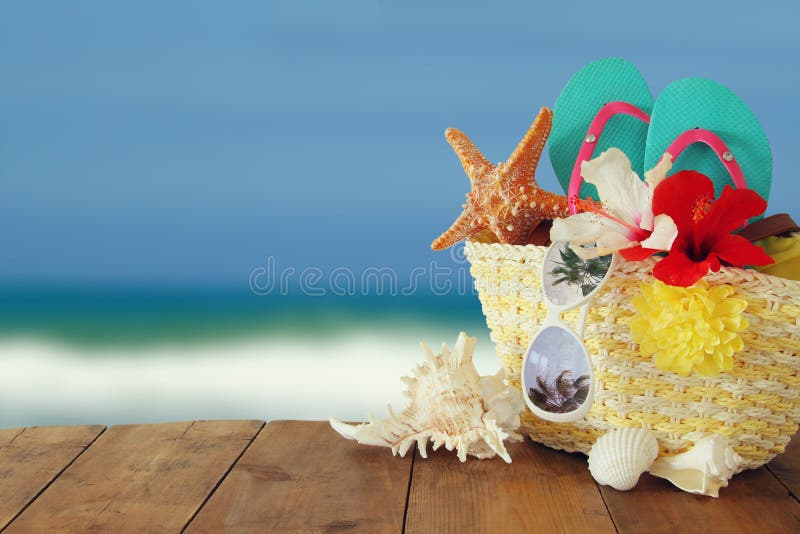Beach Objects on Wooden Table. Summer Beach Vacation Concept Stock ...