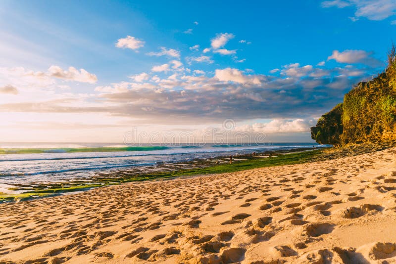 Beach and Ocean with Waves in Tropical Island with Sunset Light Stock ...