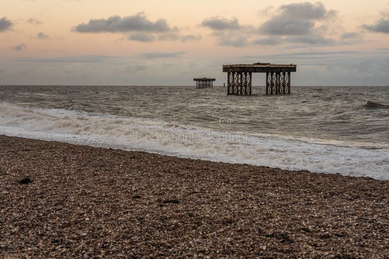 The Beach and Offshore Platforms in Sizewell, England, UK Stock Photo ...