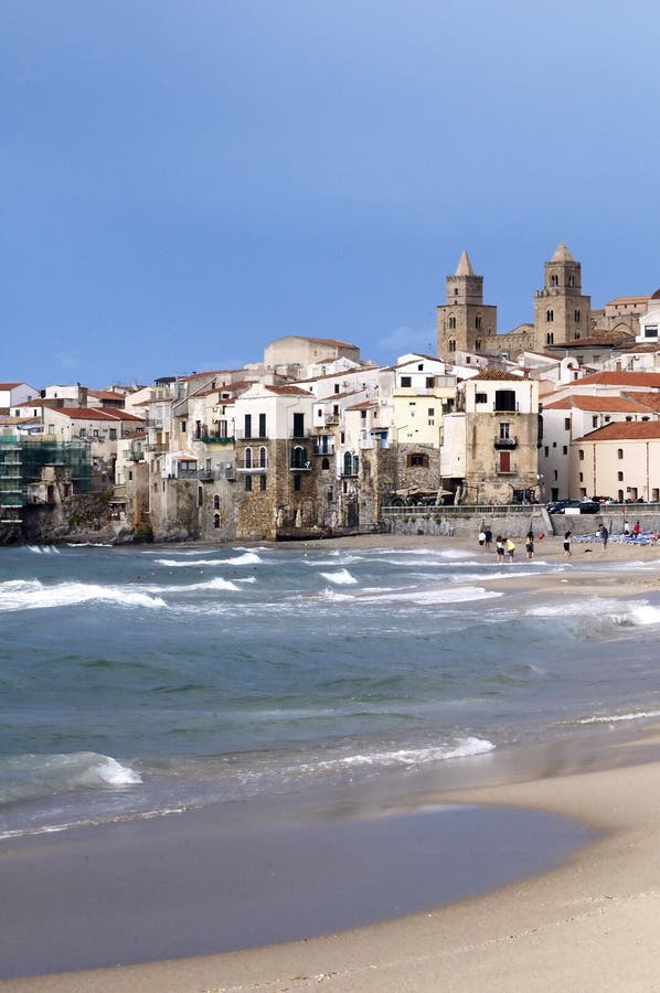 Beach and old town, Cefalu stock image. Image of rocks - 18712591