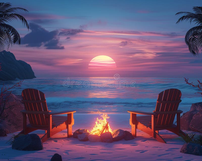 Beach Outing with a Bonfire Flat Design Front View Evening Theme 3D ...