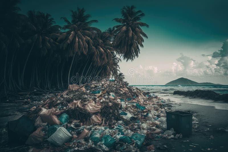 Beach with Overflowing Garbage in the Background of Palm Trees Stock ...
