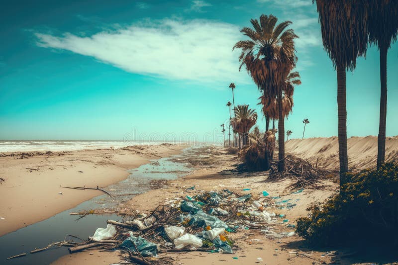 A Beach with Overflowing Trash Cans and Plastic Bags, Toxic Chemicals ...