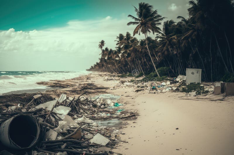Beach with Overflowing Trash Bin and Overflowing Garbage Bag Stock ...