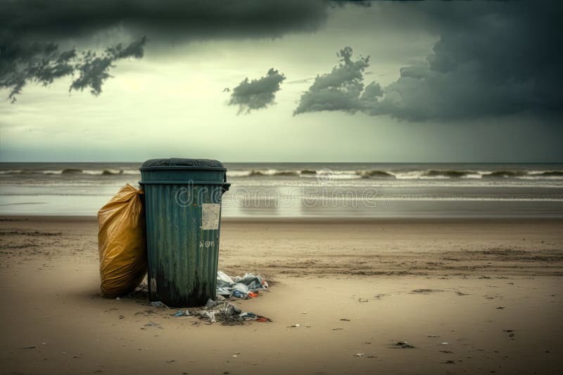 Beach with Overflowing Trash Bin and Overflowing Garbage Bag Stock ...