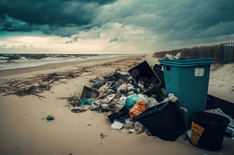 Beach with Overflowing Trash Cans and Litter Strewn about Stock ...