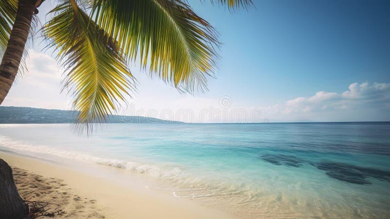 A Beach with a Palm Tree and a Blue Ocean in the Background Stock ...