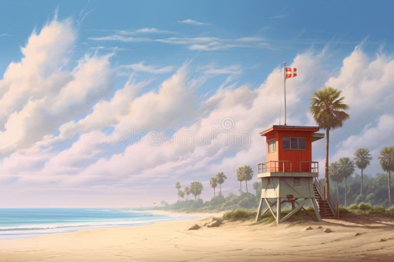 Beach with Palm Tree and Life Guard Tower by the Sea. Generative AI ...