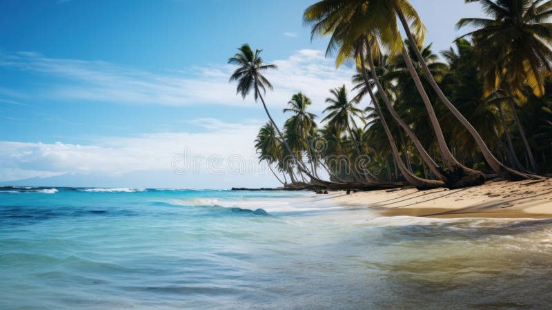 A Beach with a Palm Tree Lined Shoreline and Waves, AI Stock Photo ...