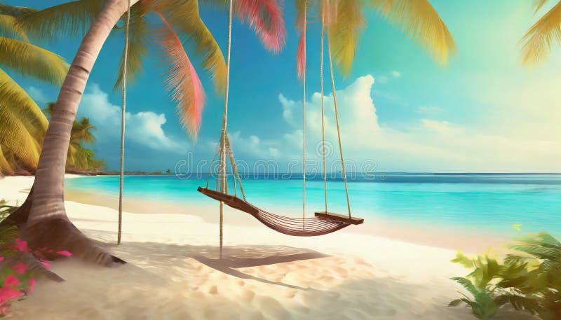 Beach with Palm Tree and Net Stock Illustration - Illustration of wave ...