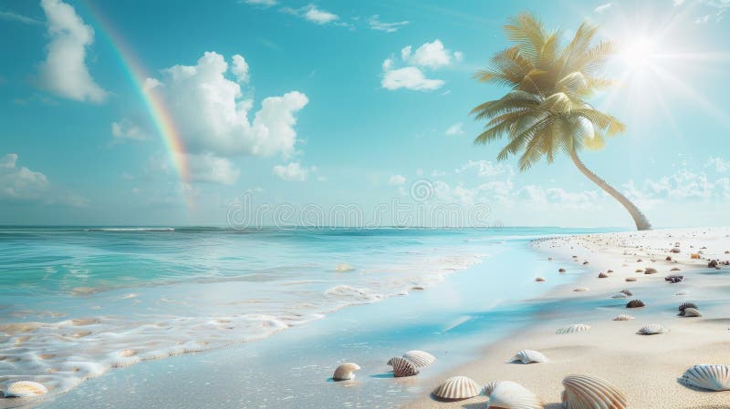 A Beach with a Palm Tree and Shells on the Sand, AI Stock Photo - Image ...