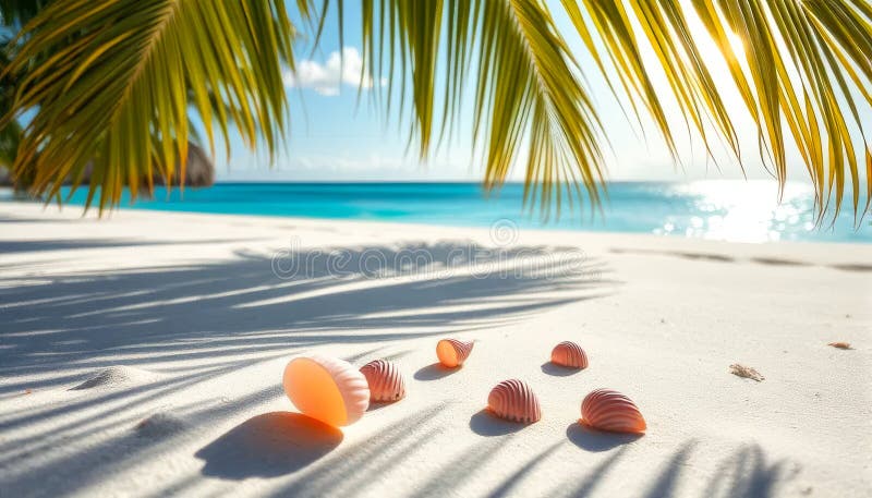 Beach with a Palm Tree and Shells on the Sand Stock Image - Image of ...