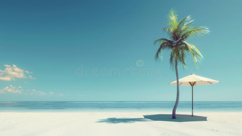 Beach with Palm Tree and White Umbrella Stock Photo - Image of sunshade ...