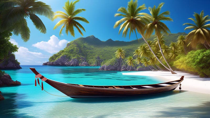 Beach with Palm Trees, Boat on the Beach Stock Illustration ...
