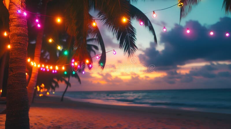 A Beach with Palm Trees Decorated with Colorful Christmas Lights Stock ...