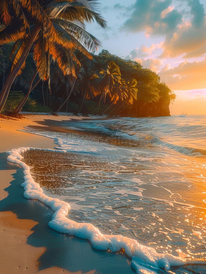 A Beach with Palm Trees and Waves at Sunset Stock Image - Image of ...