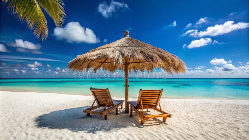 Beach Paradise Two Chairs, Thatch Umbrella, Tropical View Stock ...