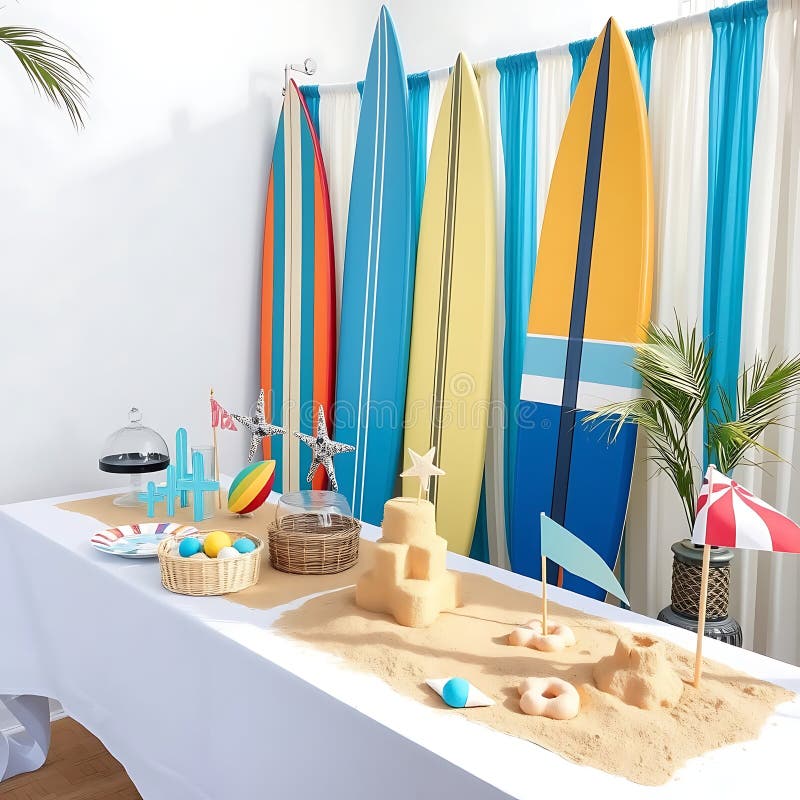 A Beach Party Setup with Surfboards and Sandcastle Props Stock Image ...