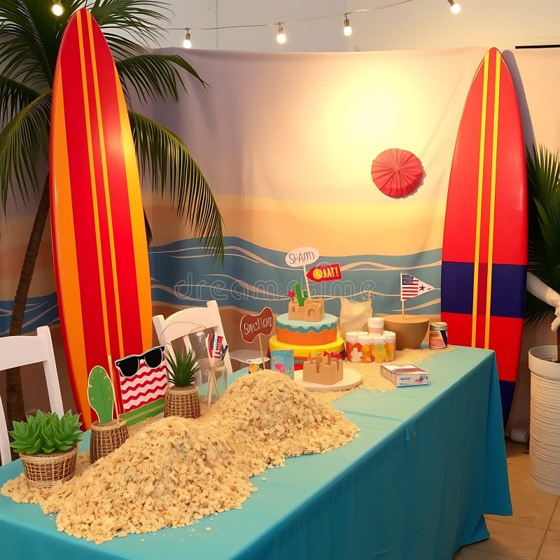 A Beach Party Setup with Surfboards and Sandcastle Props Stock Photo ...