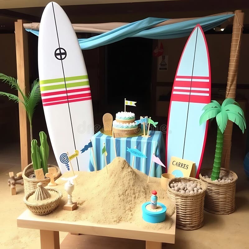 A Beach Party Setup with Surfboards and Sandcastle Props Stock Photo ...