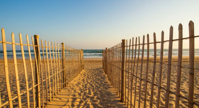 Beach Path through Bamboo Fence at Sunset Stock Illustration ...