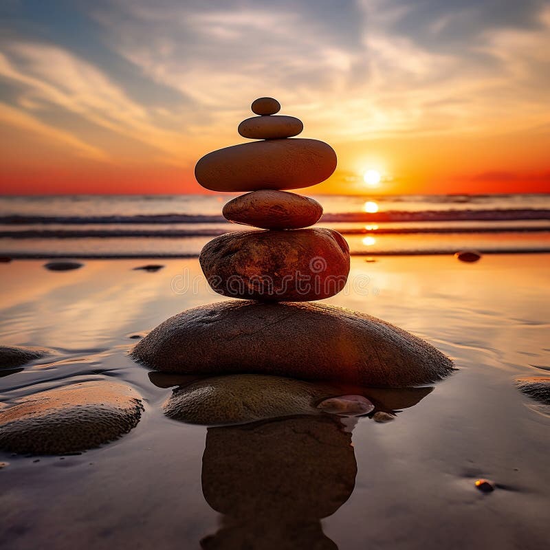 Beach Pebbles Stack at Sunrise. Generative AI Stock Illustration ...