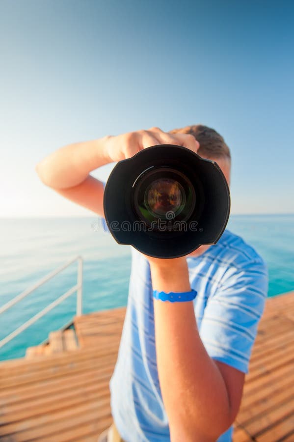 Beach Photographer with a Large Camera Closeup Stock Image - Image of ...