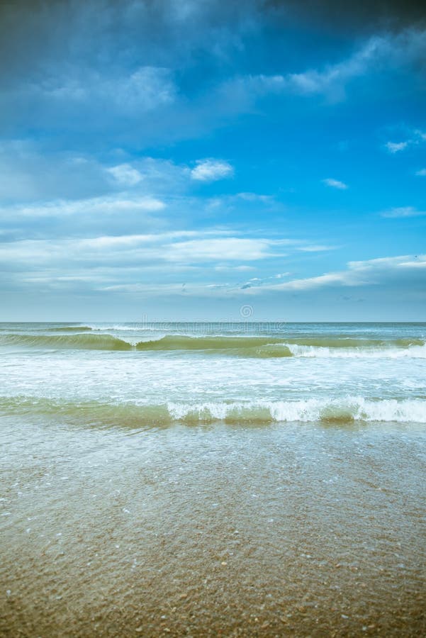 Beach Photography - Blue Ocean Waves, Sand, Overcast Sky Stock Image ...