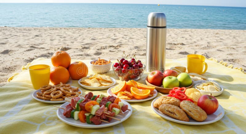 Beach Picnic with Colorful Fruits and Snacks Stock Illustration ...