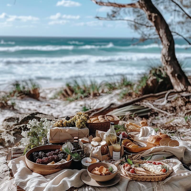 Beach Picnic with Food and Drinks on Sandy Shore Stock Illustration ...