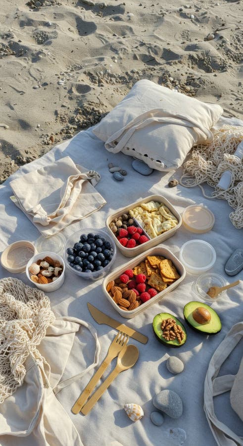 Beach Picnic with Healthy Food and Natural Elements Stock Illustration ...
