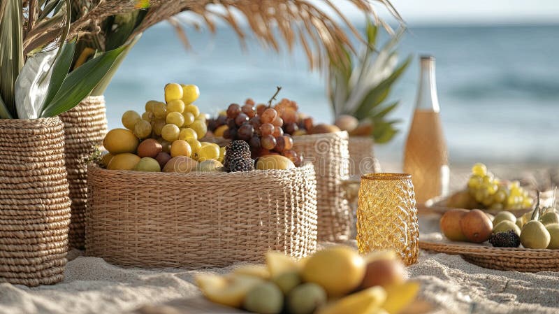 Beach Picnic Setup with Fresh Fruit and Woven Baskets . Stock Photo ...