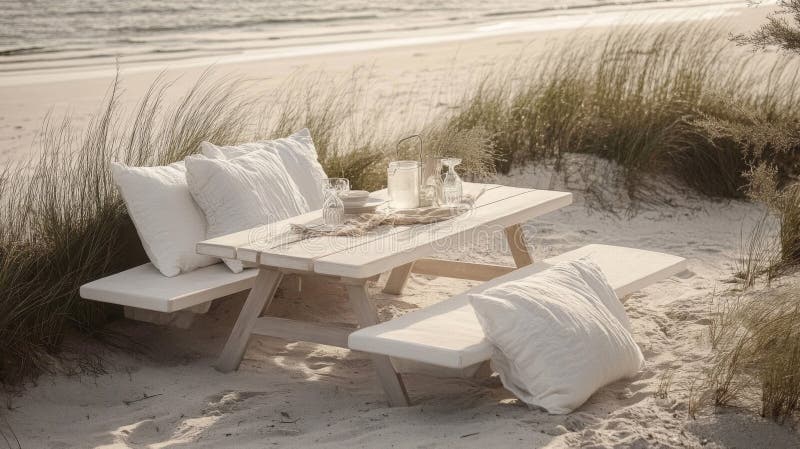 Beach Picnic Table Setting with White Cushions Stock Illustration ...