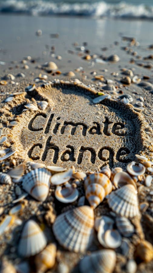 A Beach with a Pile of Shells and the Words Climate Change Written in ...