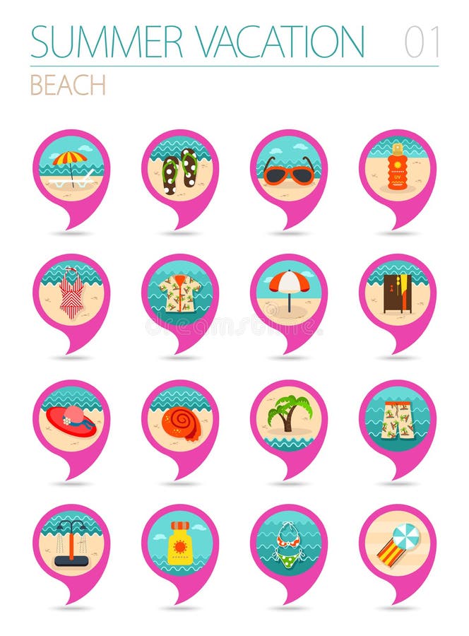 Beach Pin Map Icon Set. Summer. Vacation Stock Illustration ...