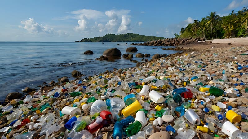 Beach Pollution with Plastic Debris and Waste Bottles Stock Image ...