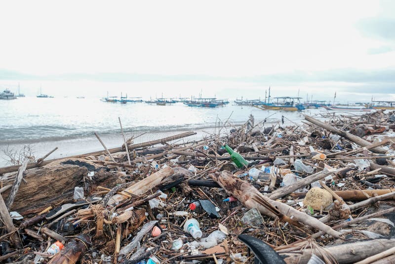 Beach Pollution. Plastic Garbage and Other Trash on Sea Beach Stock ...