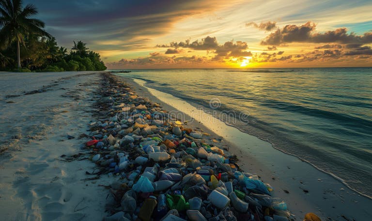 Beach Pollution at Sunset Highlighting Plastic Waste and Environmental ...