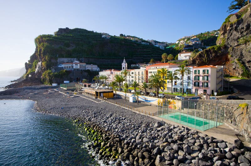 Beach Ponta De Sol Rocky Green Coastline with Cliffs and Big Volcano ...