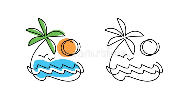 Beach, Resort Logo. Summer Sun with Palm Tree by Sea Icon or Symbol ...