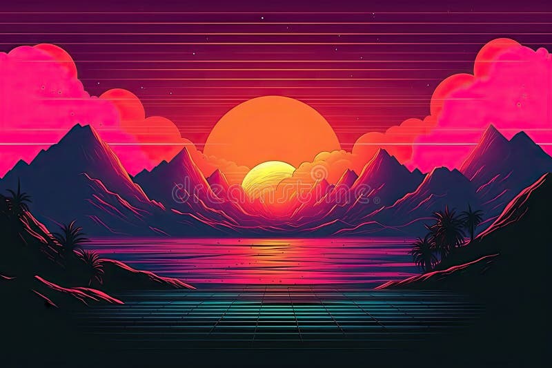 Beach Retro Wave Synthwave Background, Retro Summer Sunset Wallpaper ...