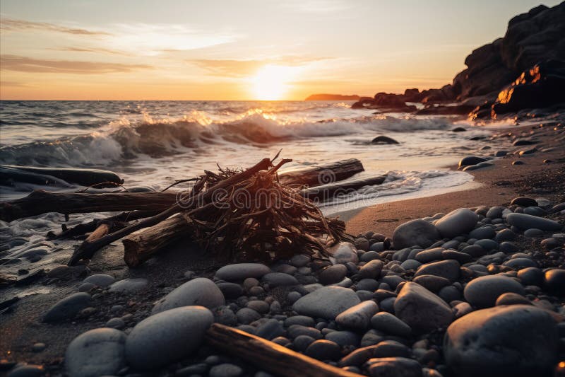 A Beach with Rocks and Driftwood at Sunset Stock Illustration ...
