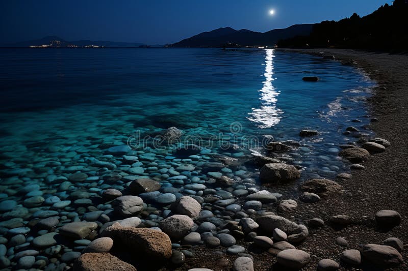 A Beach with Rocks and Water at Night Stock Illustration - Illustration ...