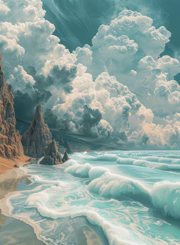 A Beach with a Rocky Cliff Generated Using AI. Stock Illustration ...